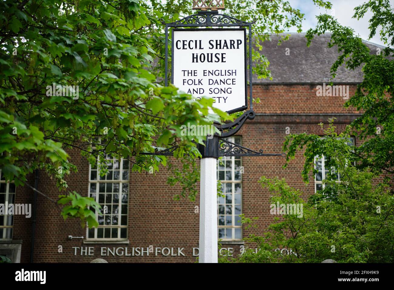 Close-up of the sign of Cecil Sharp House, The English Folk Dance and ...