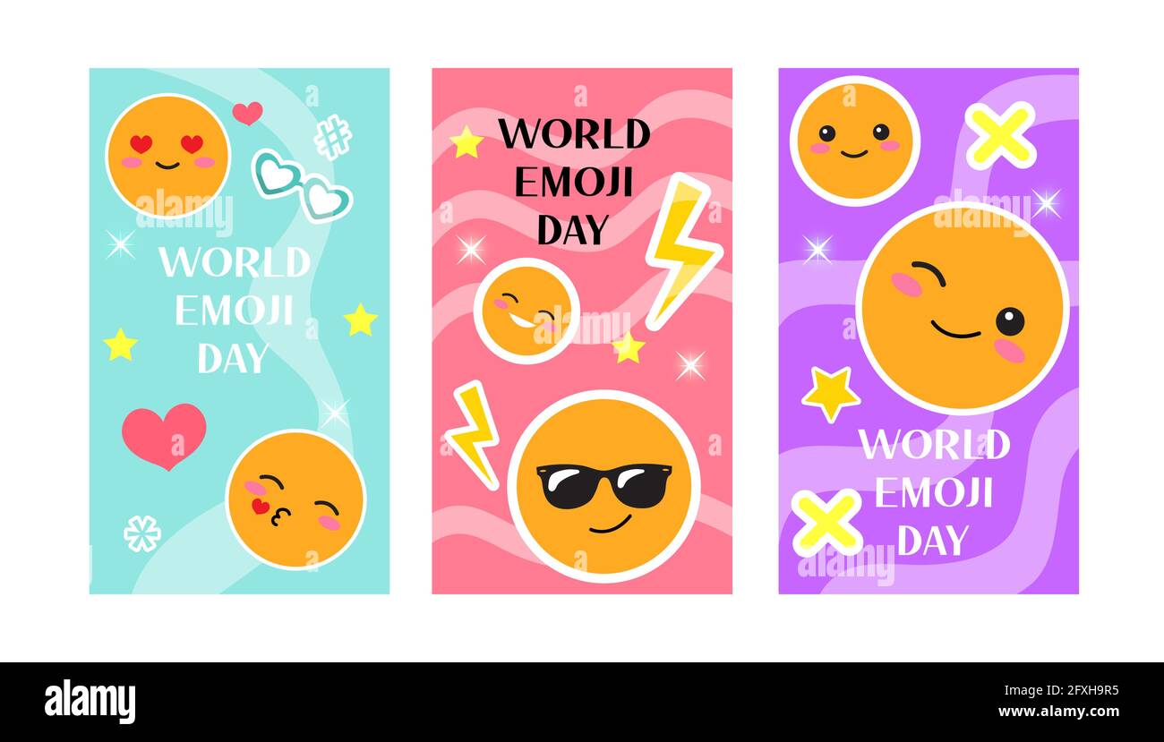 World emoji day greeting card, poster set with funny smile stickers ...