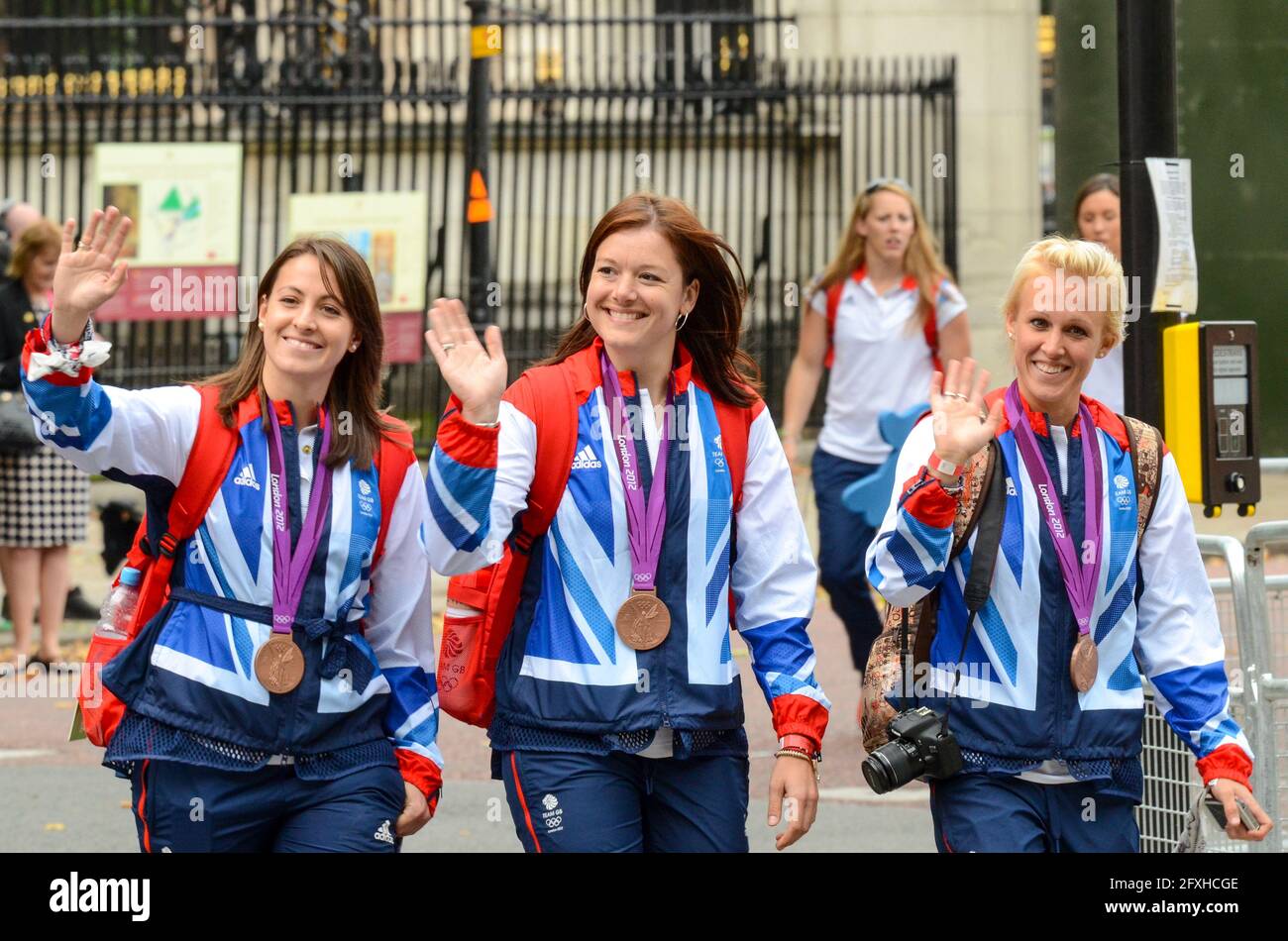 Emily Maguire, Beth Storry and Alex Danson Hockey Team GB Olympians leaving Buckingham Palace ...