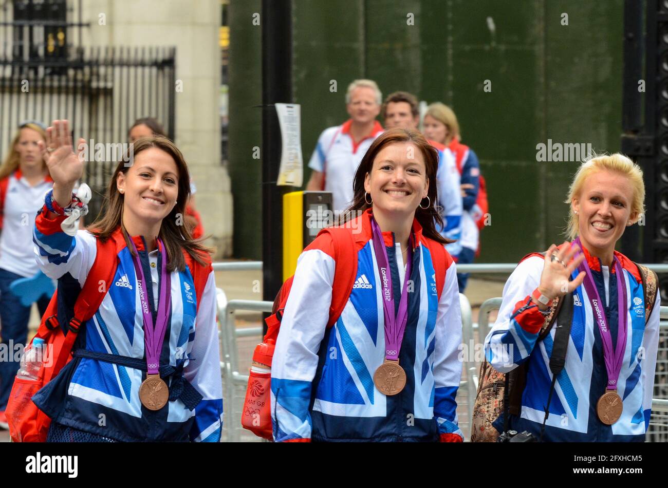 Emily Maguire, Beth Storry and Alex Danson Hockey Team GB hockey Olympians leaving Buckingham ...