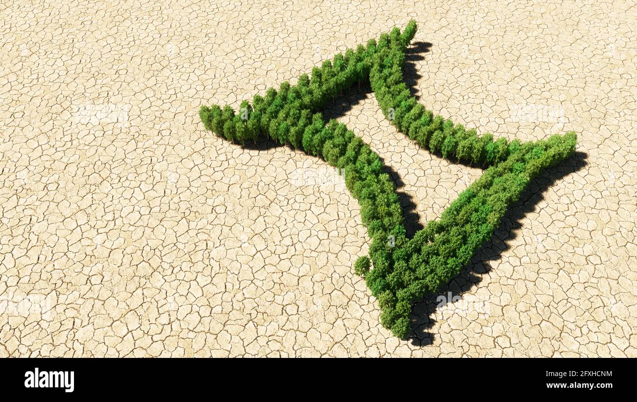 Concept or conceptual group of green forest tree on dry ground ...