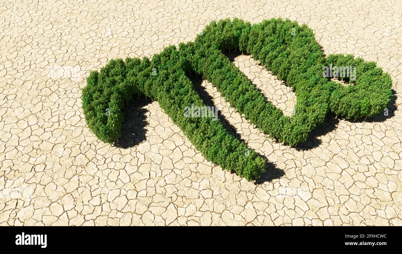 Concept or conceptual group of green forest tree on dry ground ...