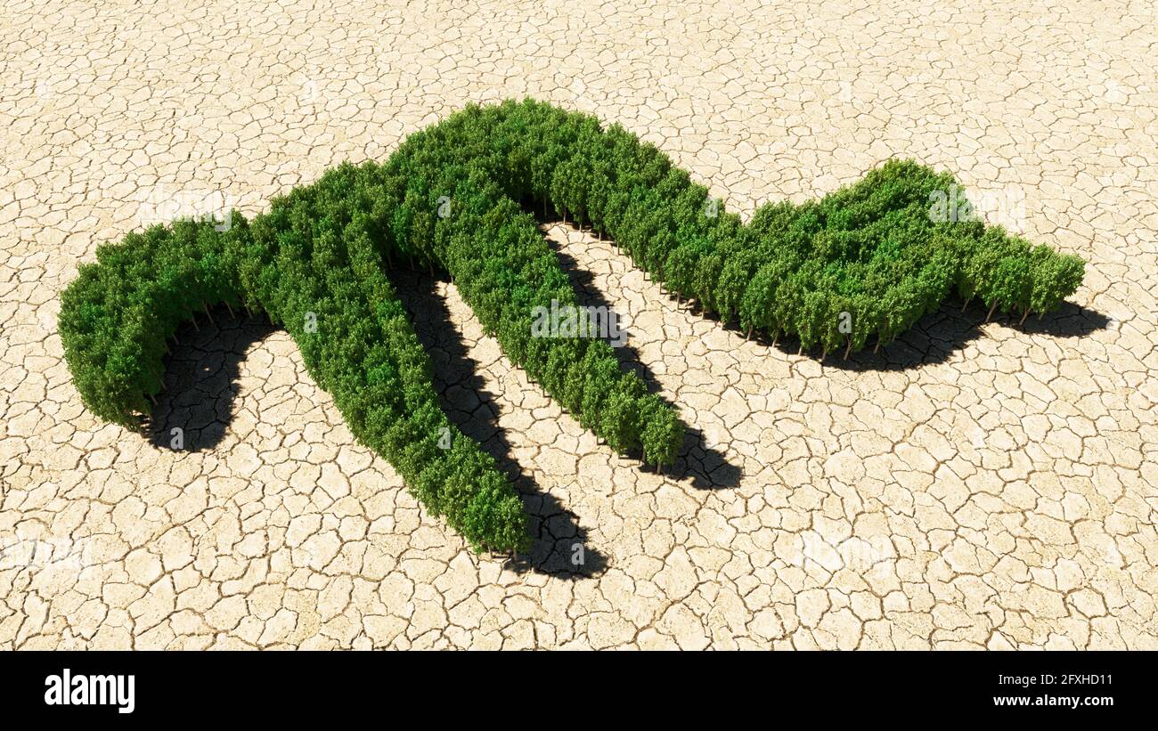 Concept or conceptual group of green forest tree on dry ground ...
