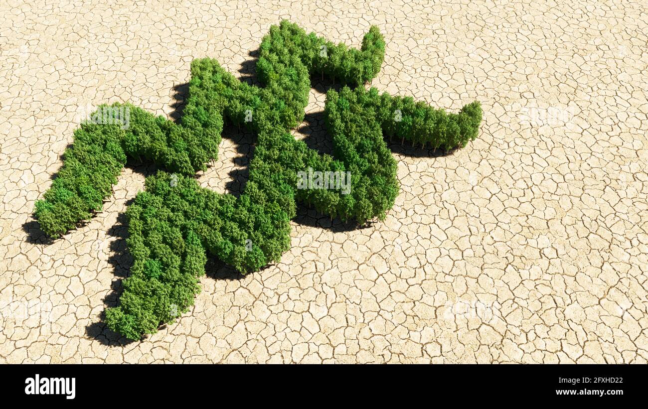 Concept or conceptual group of green forest tree on dry ground ...
