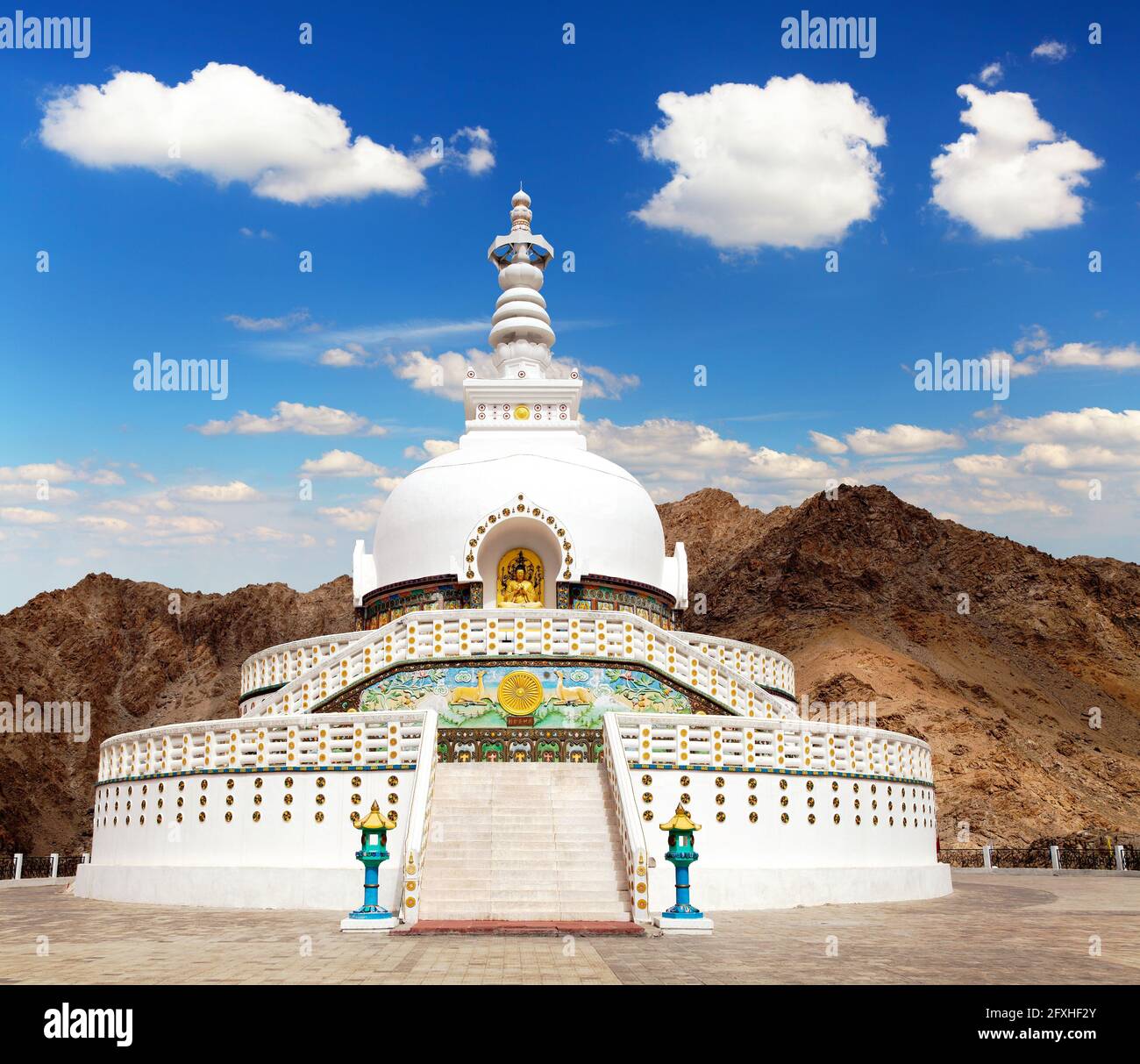 View of Tall Shanti stupa with beautiful sky, the big stupa in Leh and ...