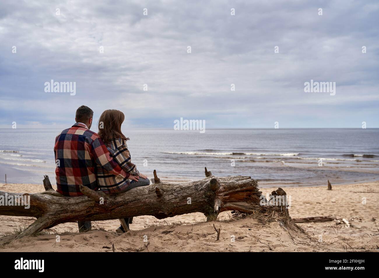 Back view of a cute couple with matching shirts sitting on a tree trunk ...