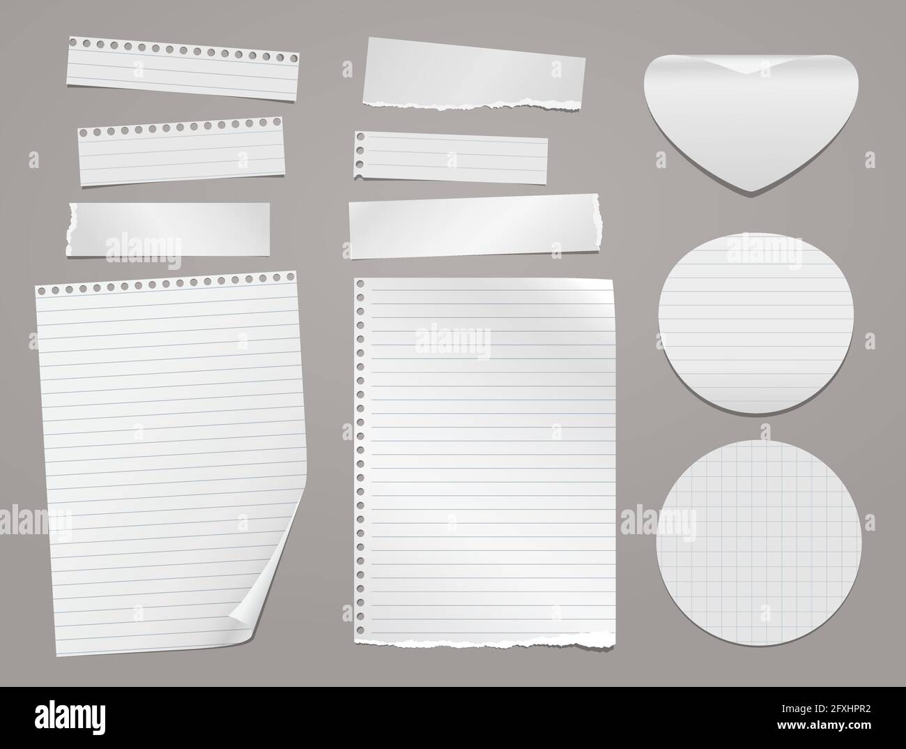Set of torn white note, notebook paper pieces stuck on dark grey ...
