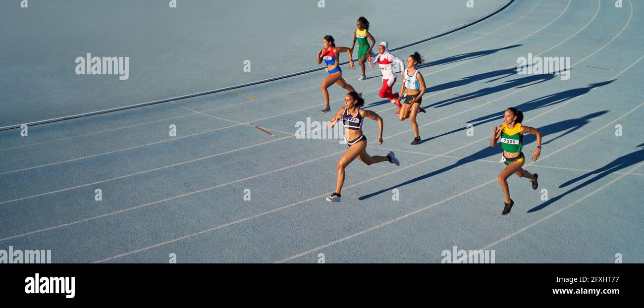 Female track and field athletes running in race on blue track Stock ...