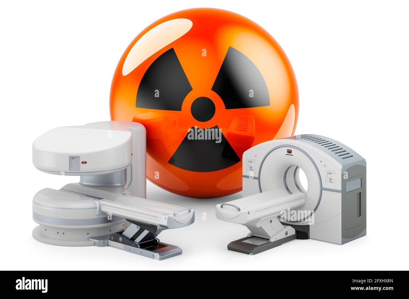 MRI Machine and CT scanner with radiation sign, 3D rendering isolated ...