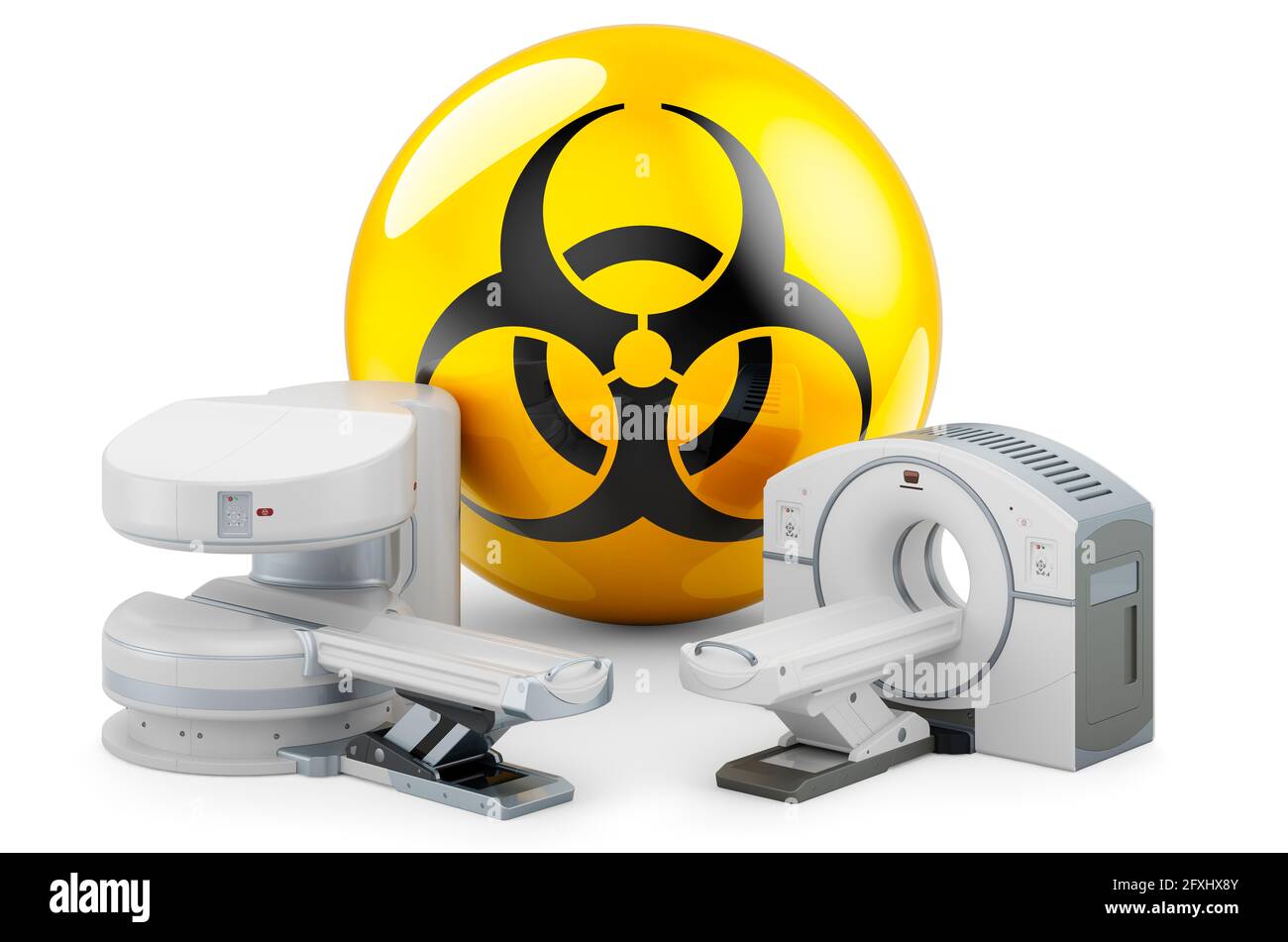 MRI Machine and CT scanner with bio hazard sign, 3D rendering isolated ...