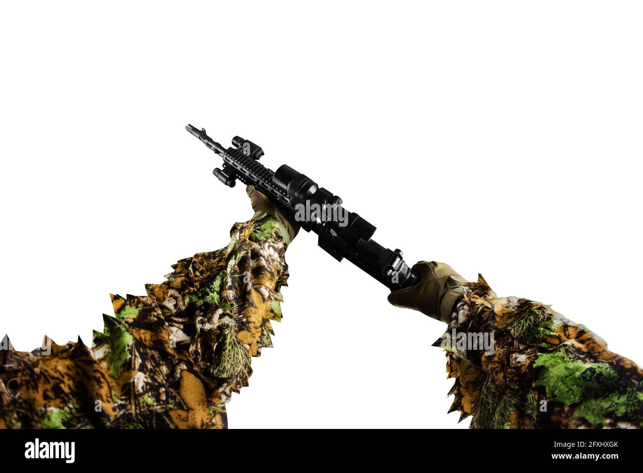 Isolated photo of first person view arm holding and walking with sniper ...