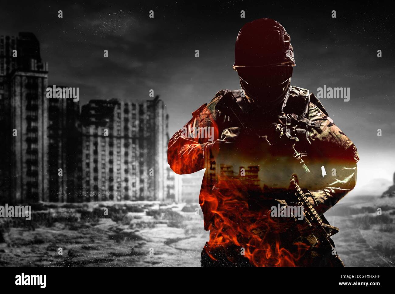 Photo of double exposure soldier silhouette on dark destructed city ...