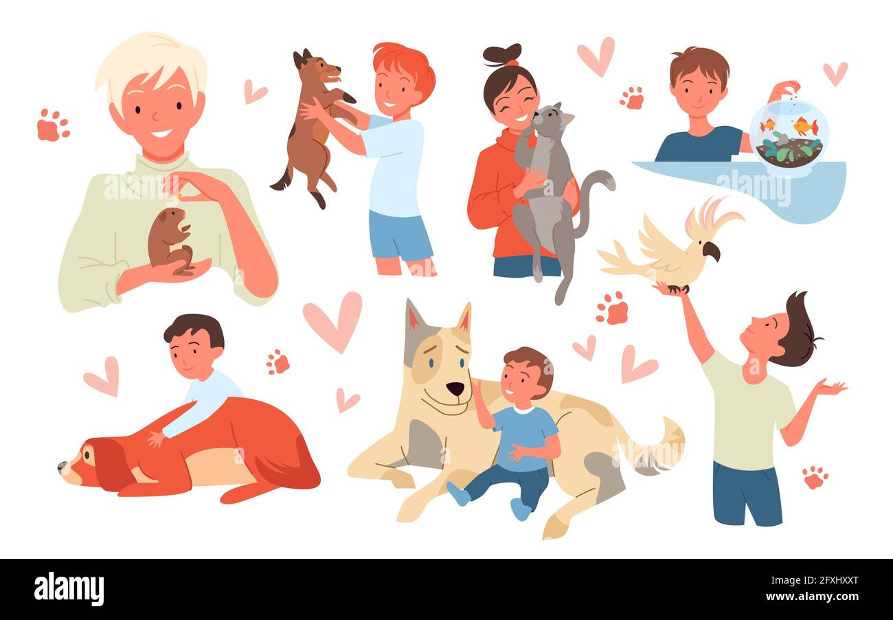 Happy children love pets set, smiling kids holding, standing, sitting ...