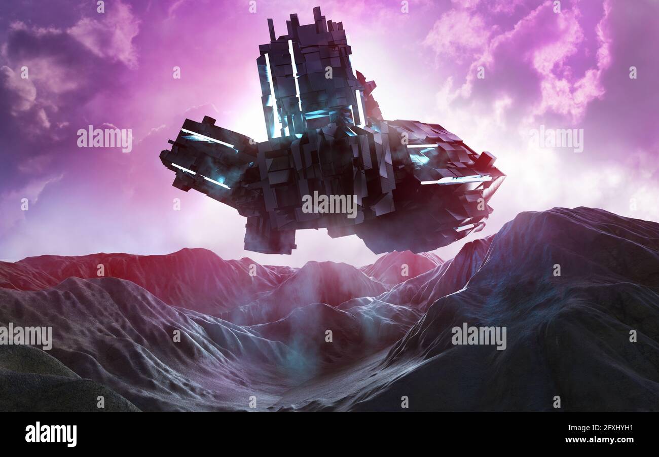 3d render illustrarion of futuristic spaceship aircraft landing on ...