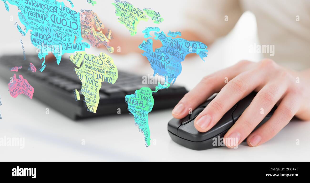Composition of digital world map with text over woman using mouse and ...