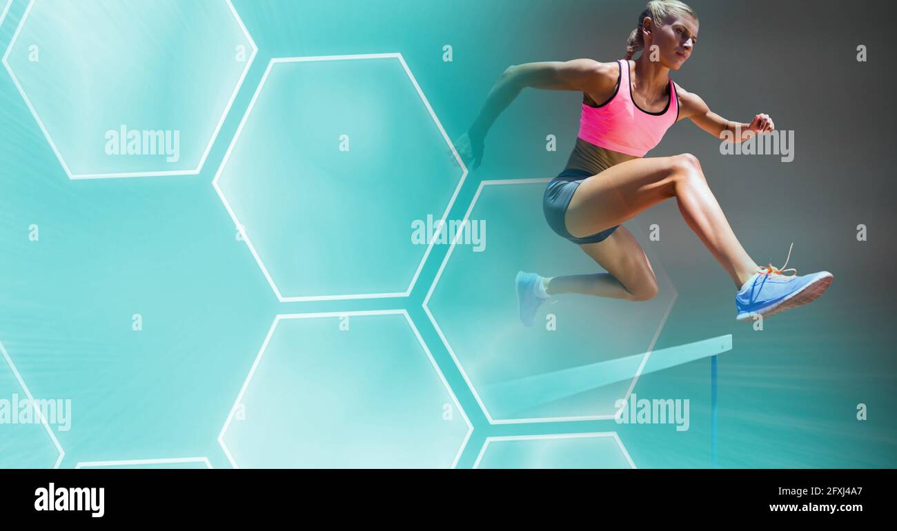 Composition of female athlete hurdle jumping with blue hexagons Stock ...