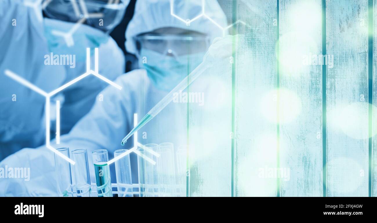 Composition of scientists in ppe suits with test tubes working in ...