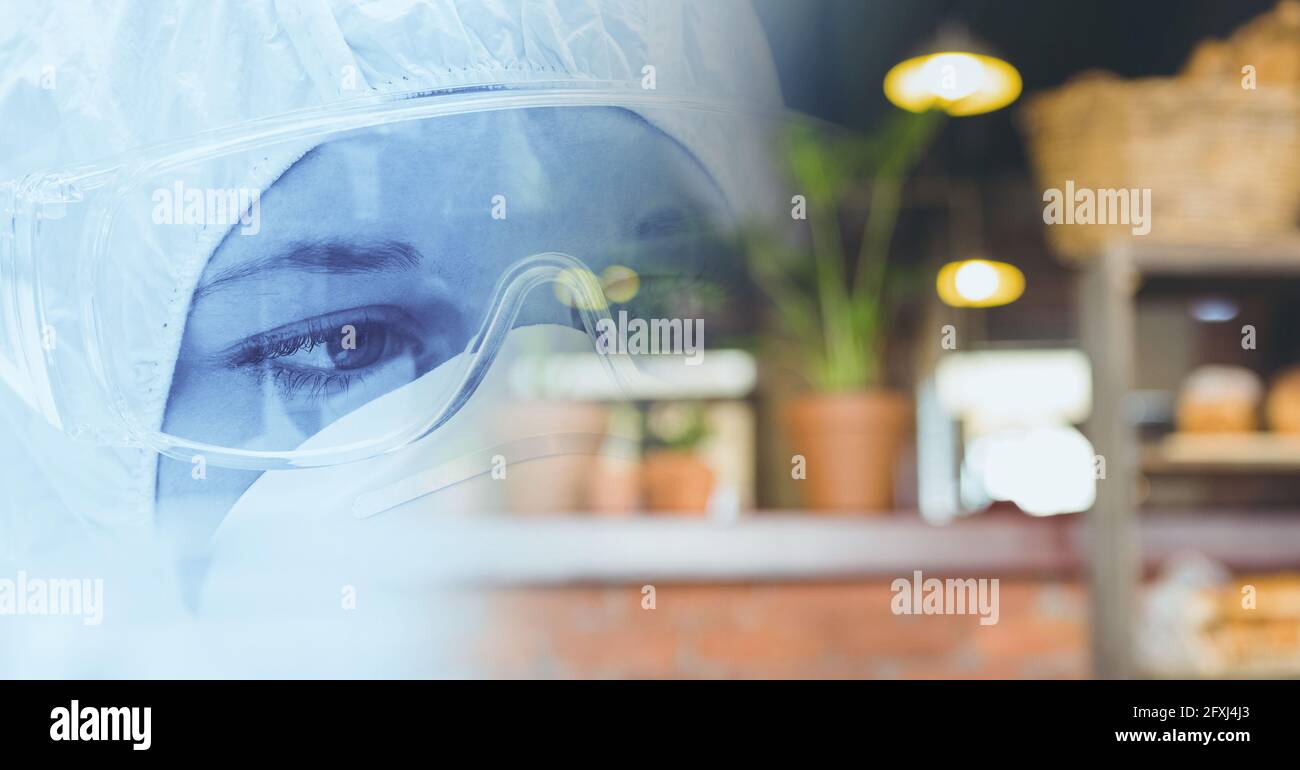 Composition of female scientist in ppe suit in laboratory and copy ...