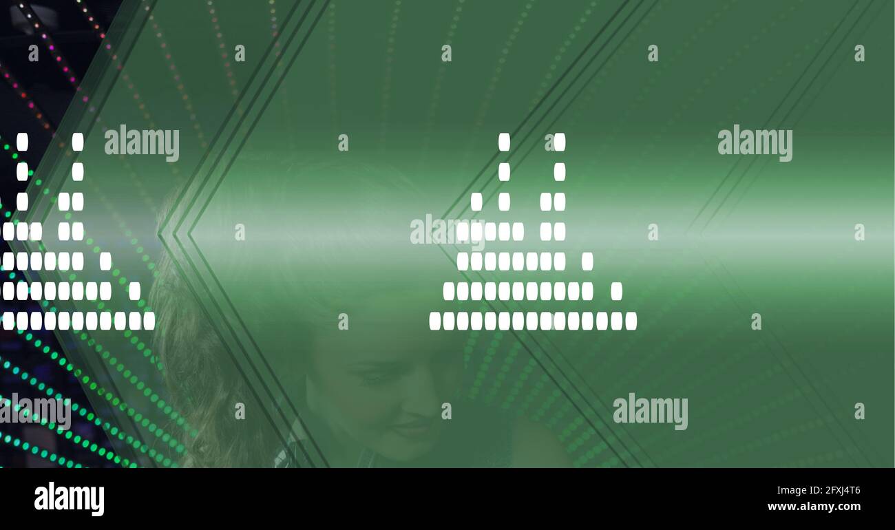 Composition of sound frequency block level meters and smiling woman on ...