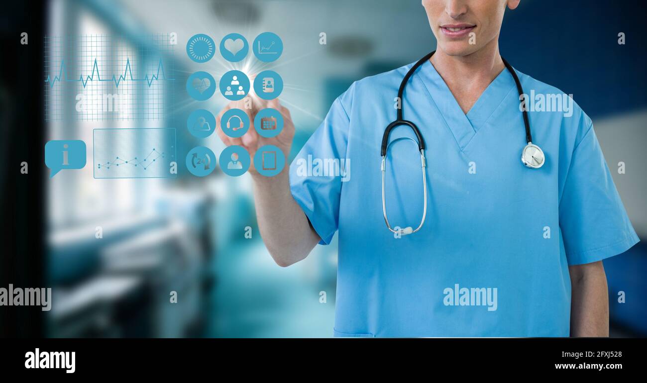 Composition of female doctor standing using virtual medical research ...