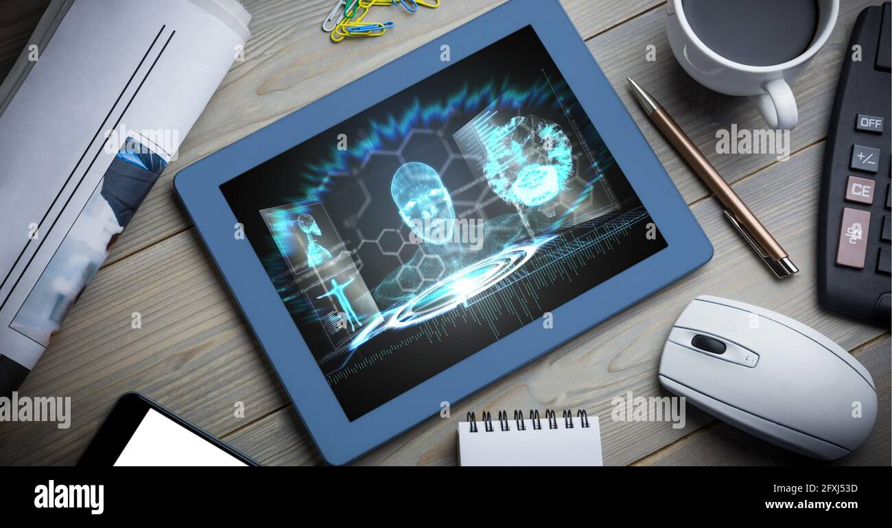 Composition of tablet on office desk with virtual medical research data ...