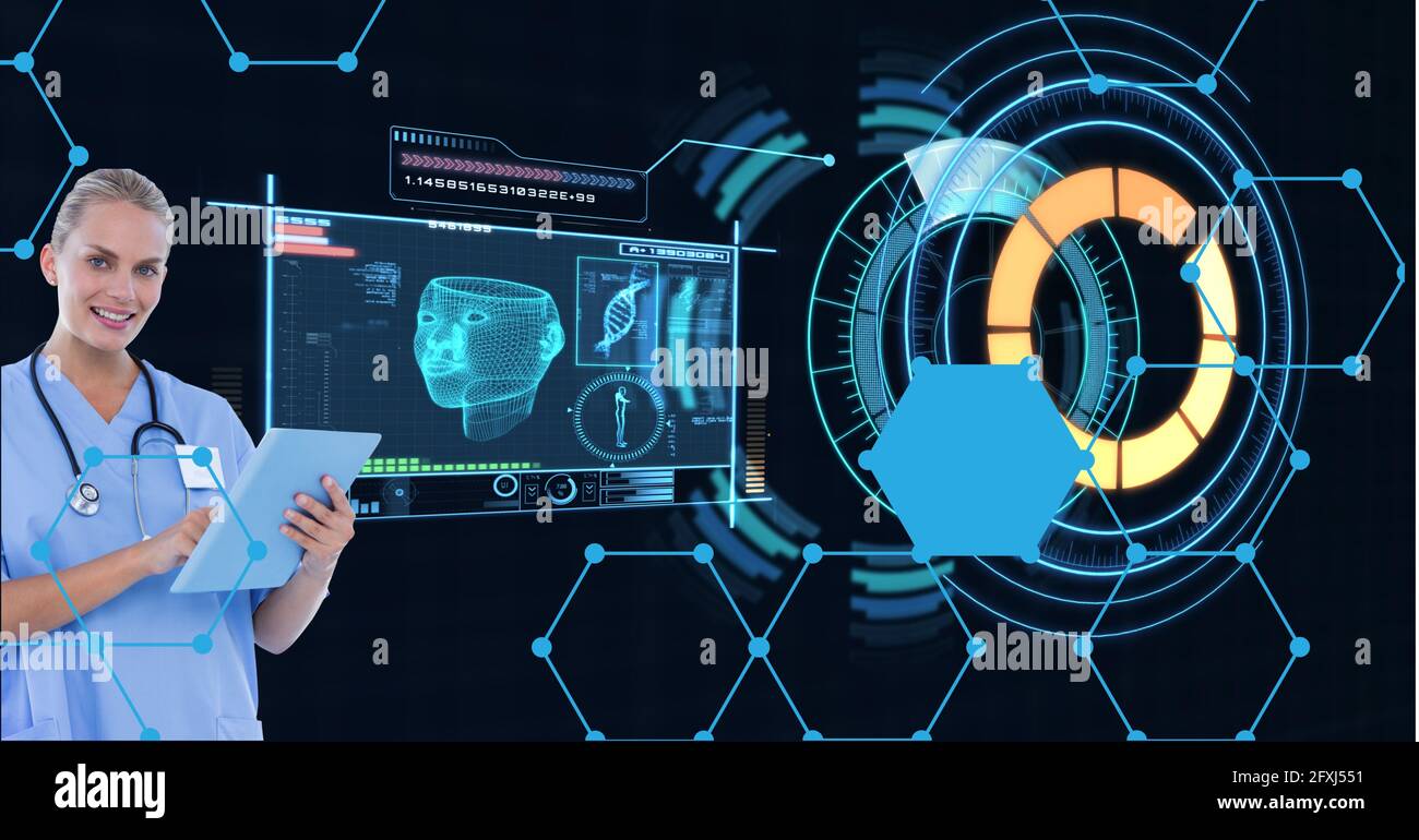 Composition of smiling female doctor using tablet with medical research ...