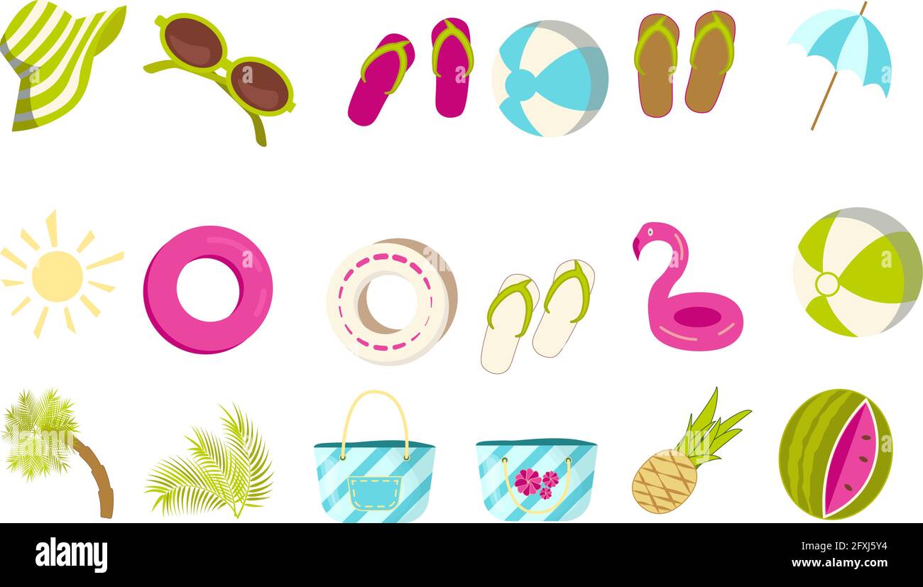 Clipart with icon pack of summer beach vacation accessories: flip flops ...