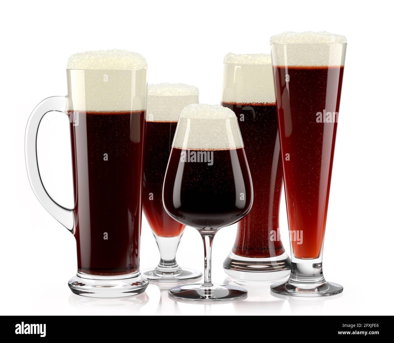 Set of fresh stout beer glasses with bubble froth isolated on white ...
