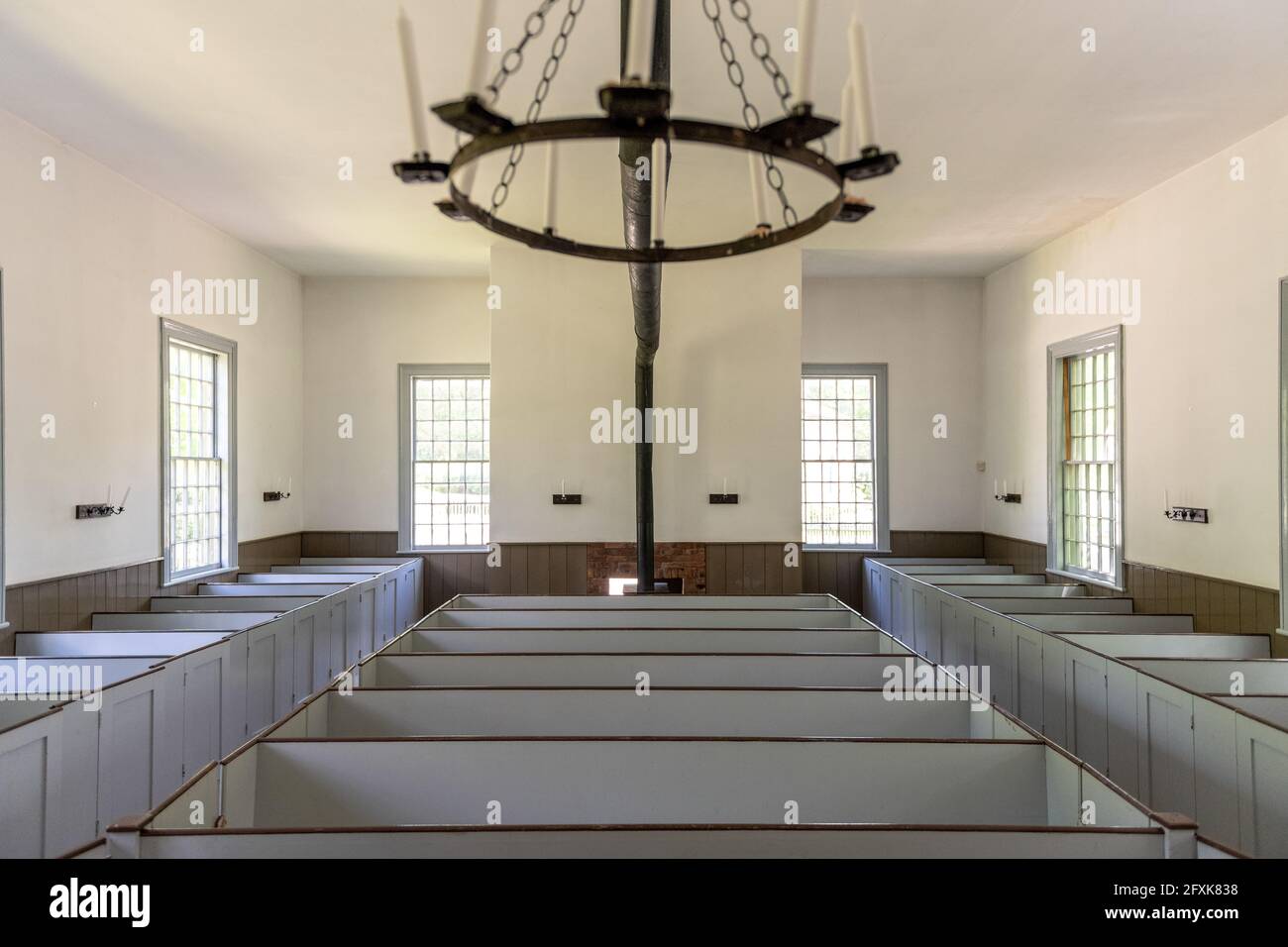 Inside of colonial style Presbyterian Church. Black Creek Pioneer ...