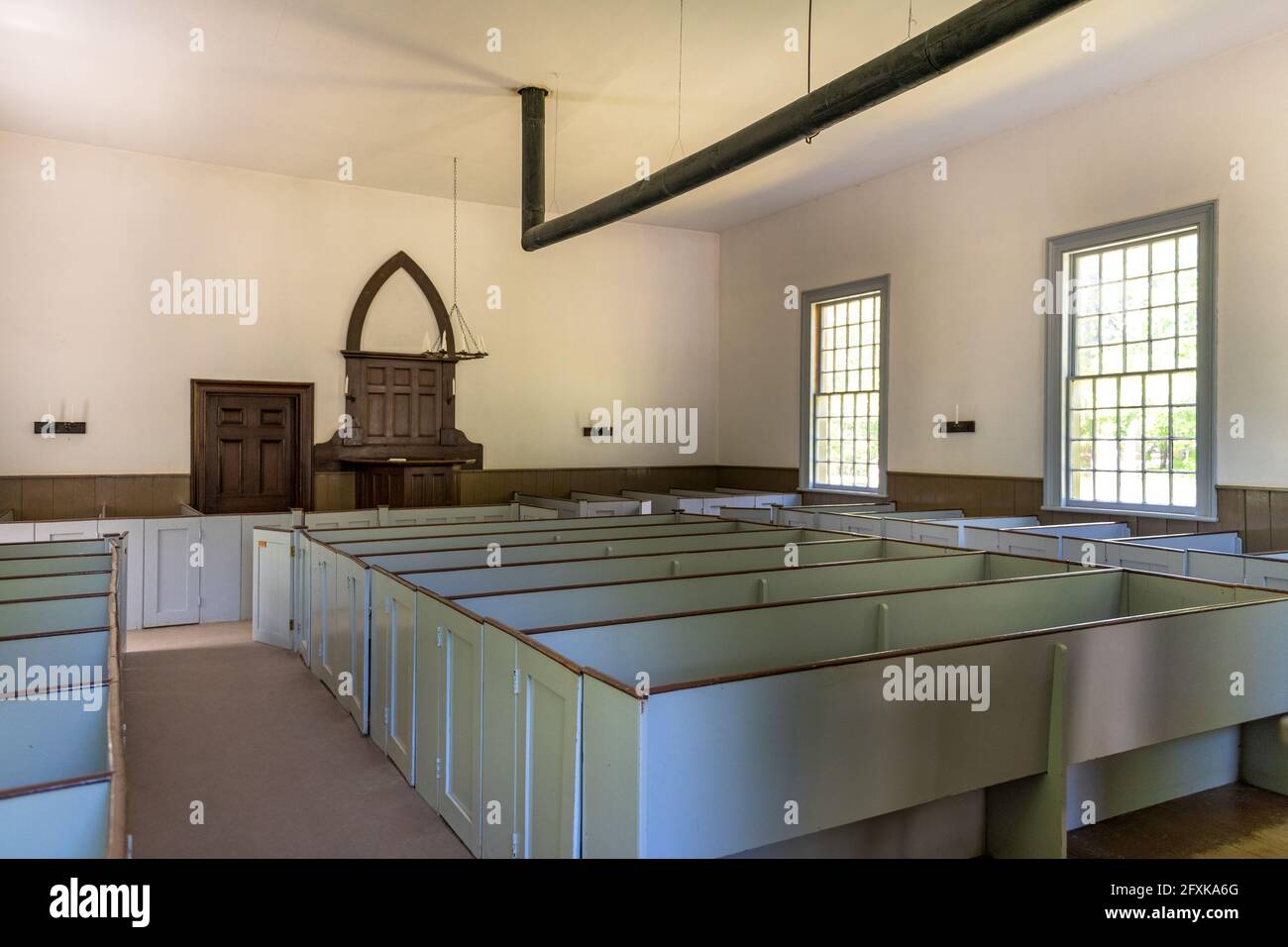 Inside of colonial style Presbyterian Church. Black Creek Pioneer ...