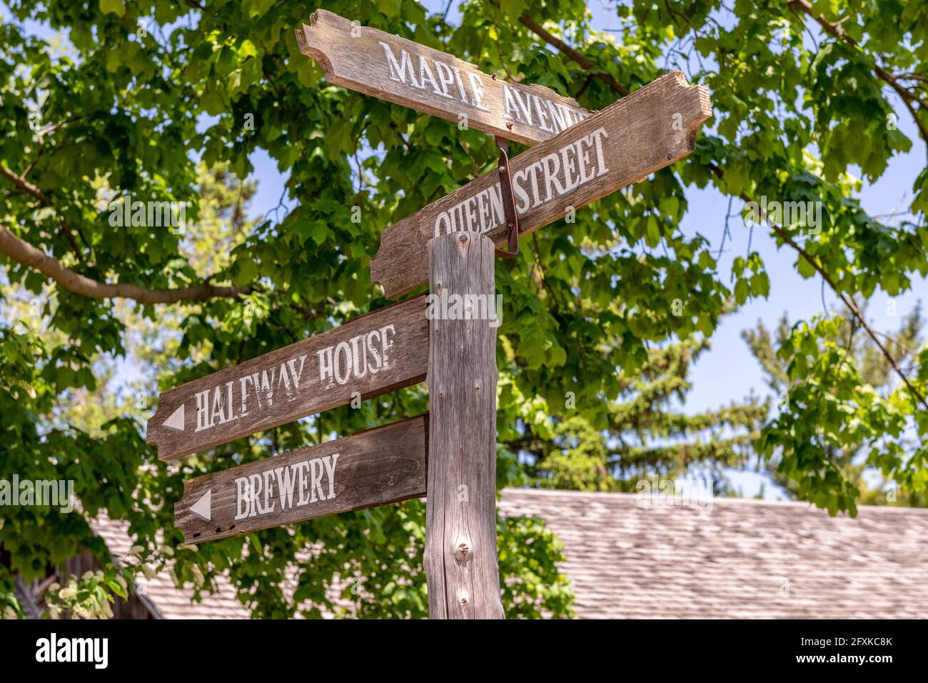 Street wooden heritage signs. Black Creek Pioneer Village is a famous ...
