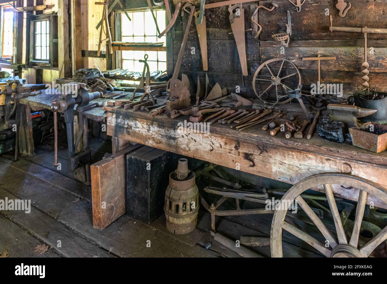 Diversity of antique tools in a colonial style workshop. Black Creek ...