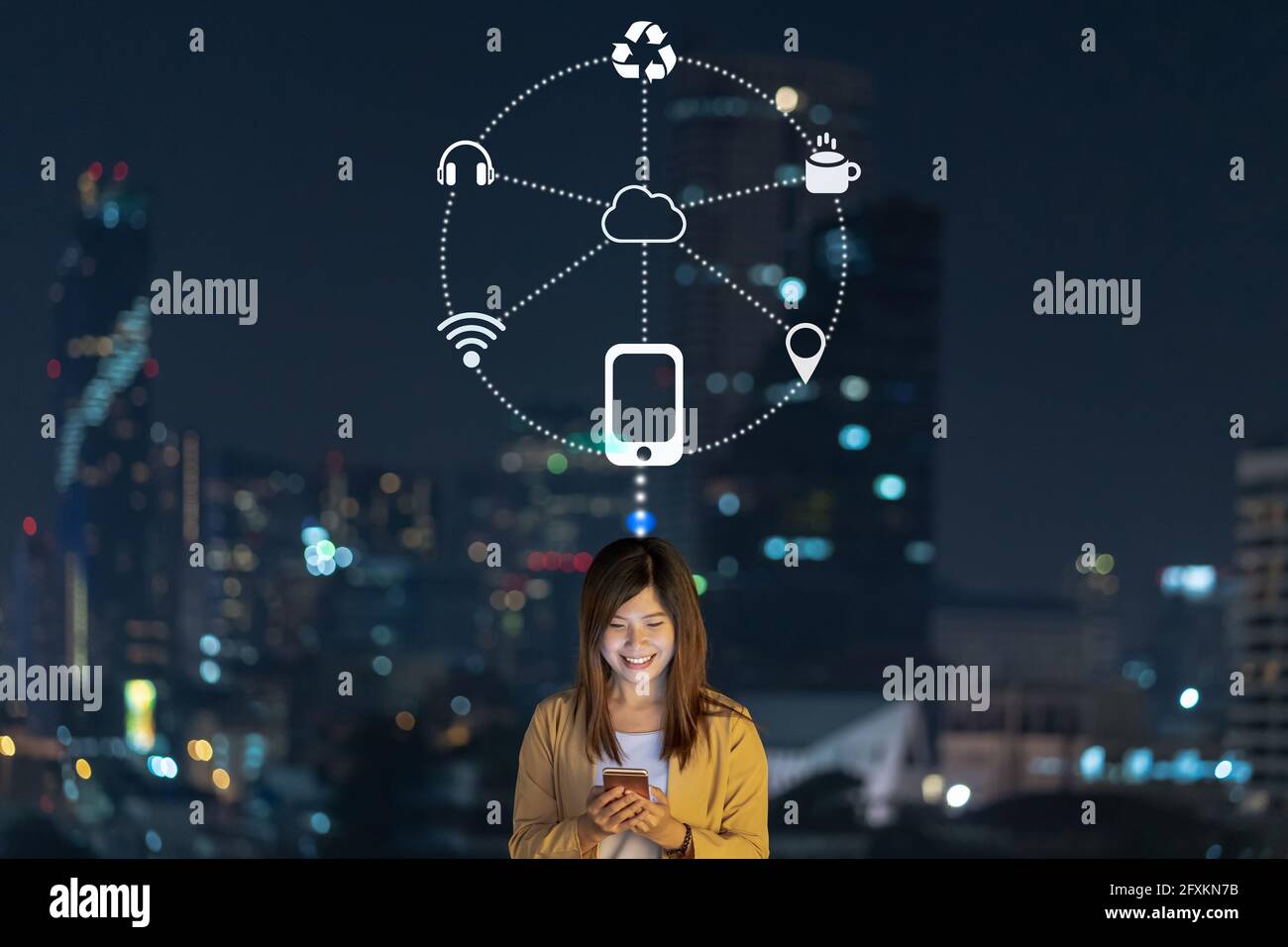 Asian businesswoman using smart mobile phone with smile action for ...