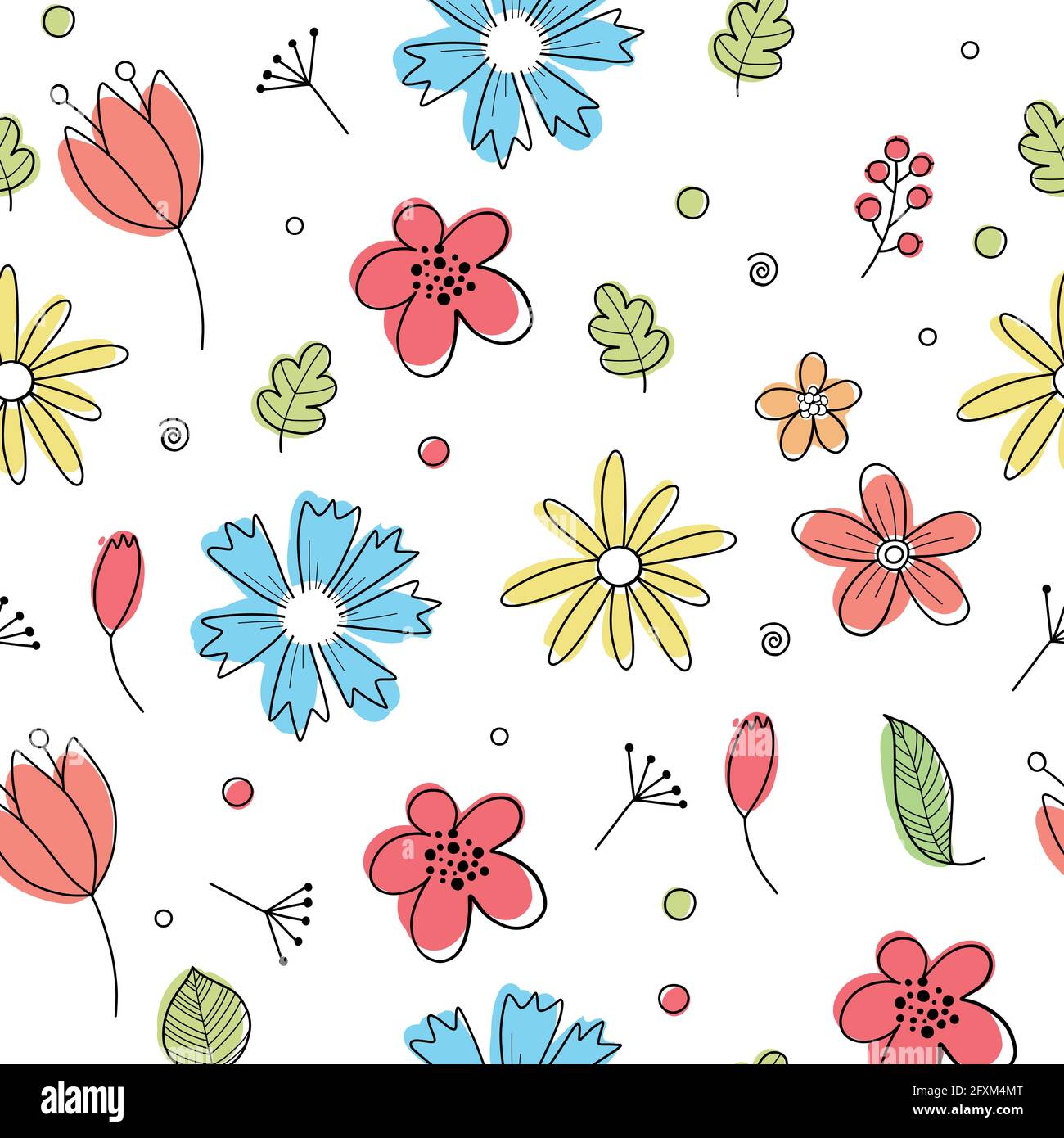 Botanical seamless pattern with spring blooming garden flowers hand ...