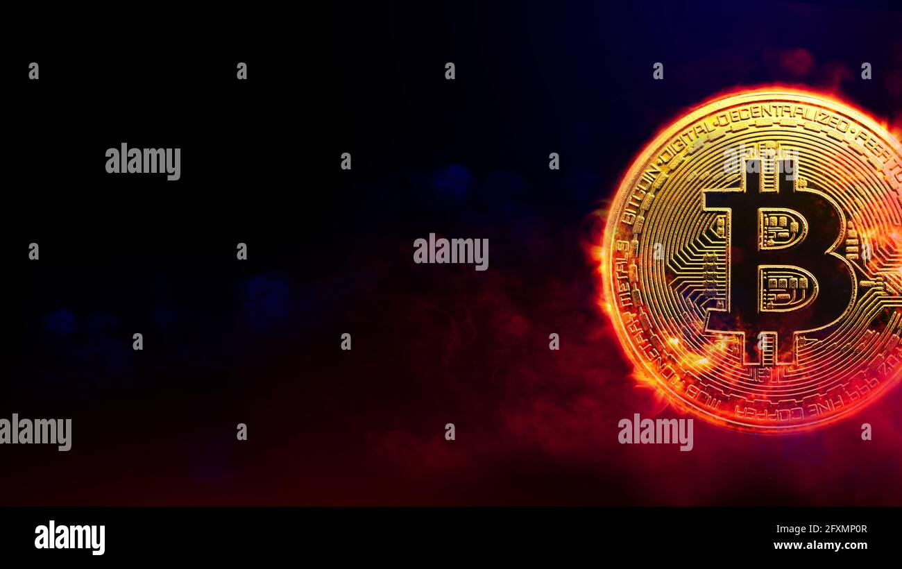 Burning golden bitcoin coin in red smoke background. cryptocurrency ...