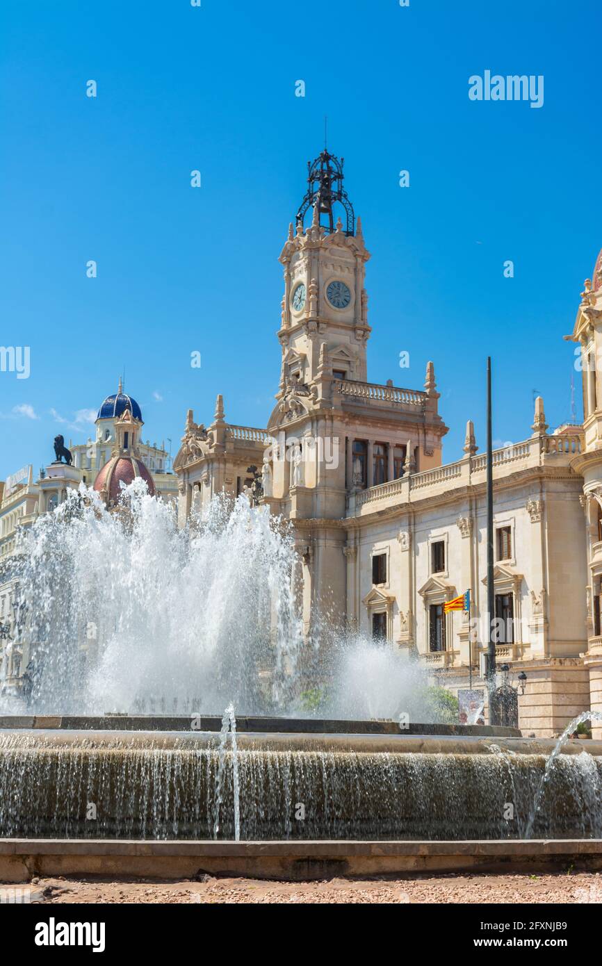 Valencia, Spain, April 17, 2021: City Hall and its clock tower, in the ...