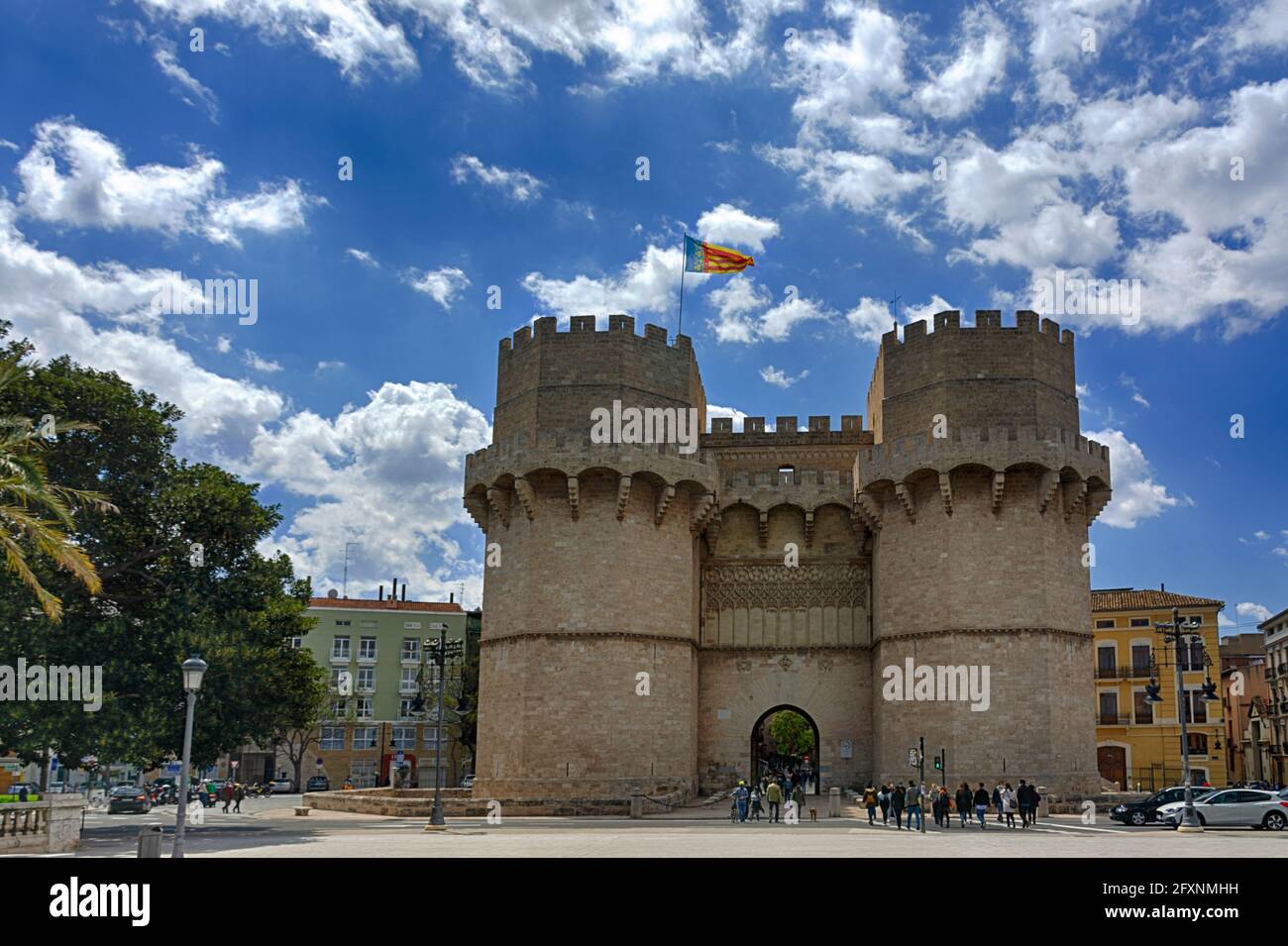 Valencia, Spain, April 17, 2021: Torres de Serranos, or Serranos towers ...