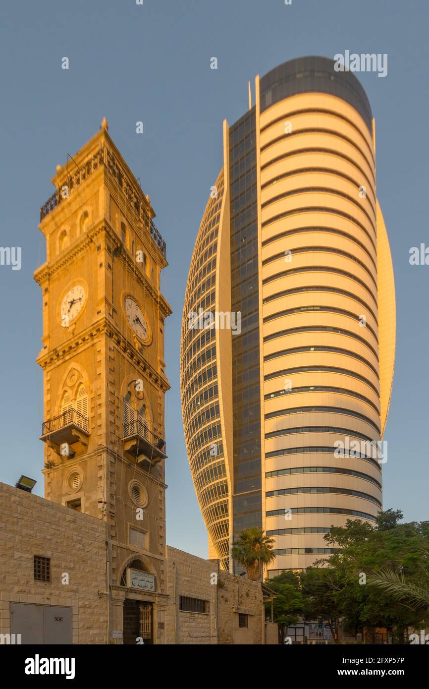Haifa, Israel - May 25, 2021: Sunset view of the Minaret and clock ...