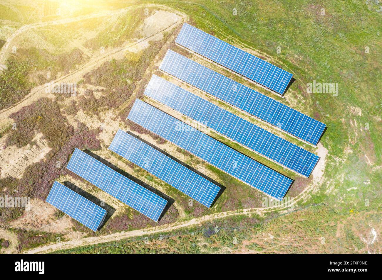 Aerial view green rural landscape and solar photovoltaic panel Stock ...