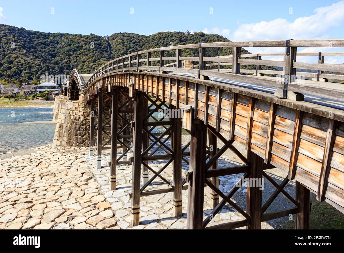 Mid-day view of Kintaikyo Bridge, an ancient, wooden bridge in ...