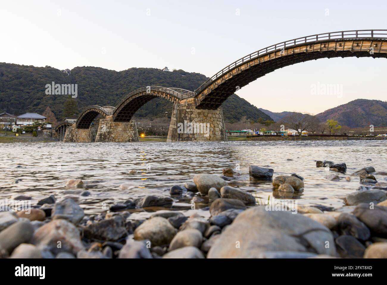 Low angle view of Kintaikyo Bridge, an ancient wooden bridge in ...