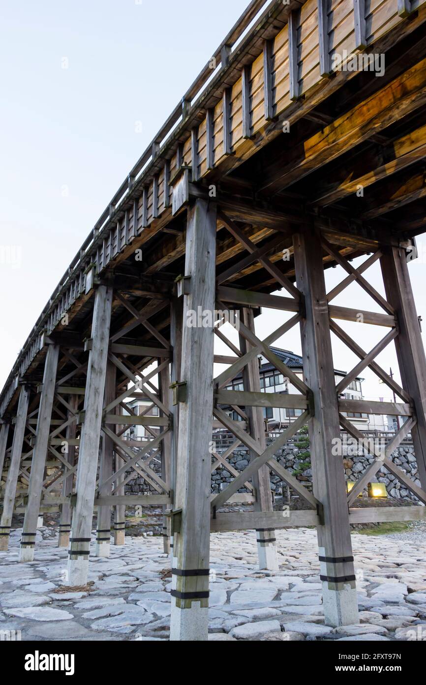 Low angle view of Kintaikyo Bridge, an ancient wooden bridge in ...