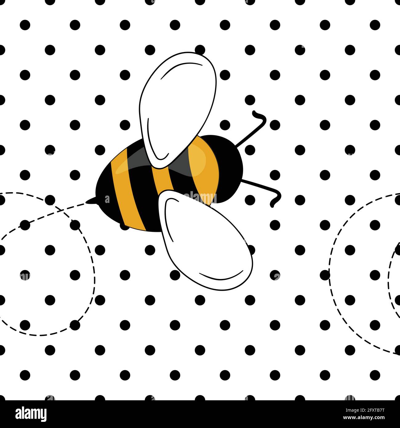Seamless pattern with bees on white polka dots background. Small wasp ...