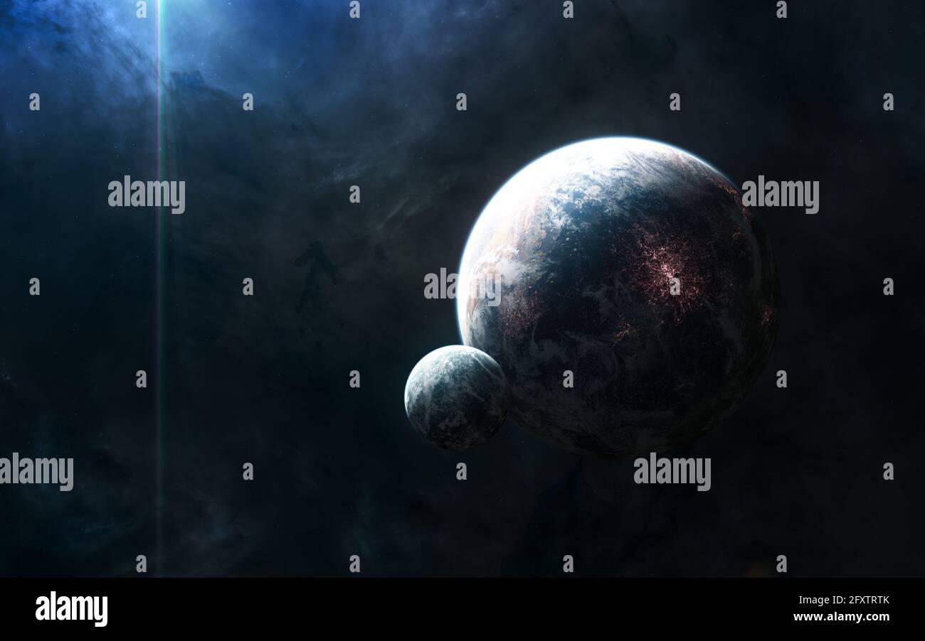 Inhabited planet in deep space with satellite. Beautiful cosmic ...