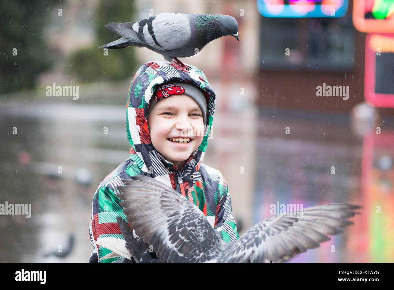cheerful boy and doves in the park in the rain Stock Photo - Alamy