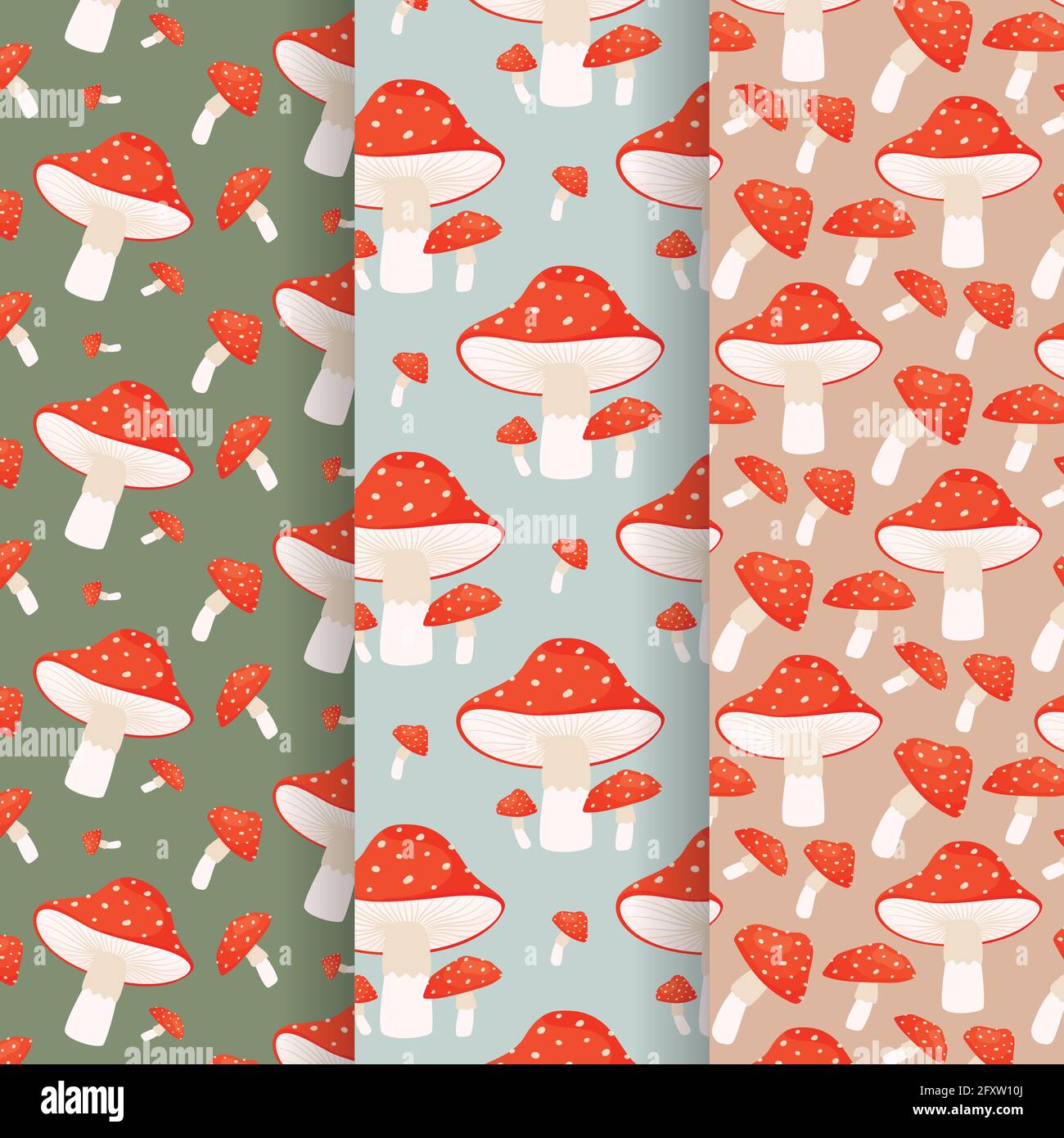 Amanita Muscaria Mushroom Seamless Patterns Set Vector Illustration