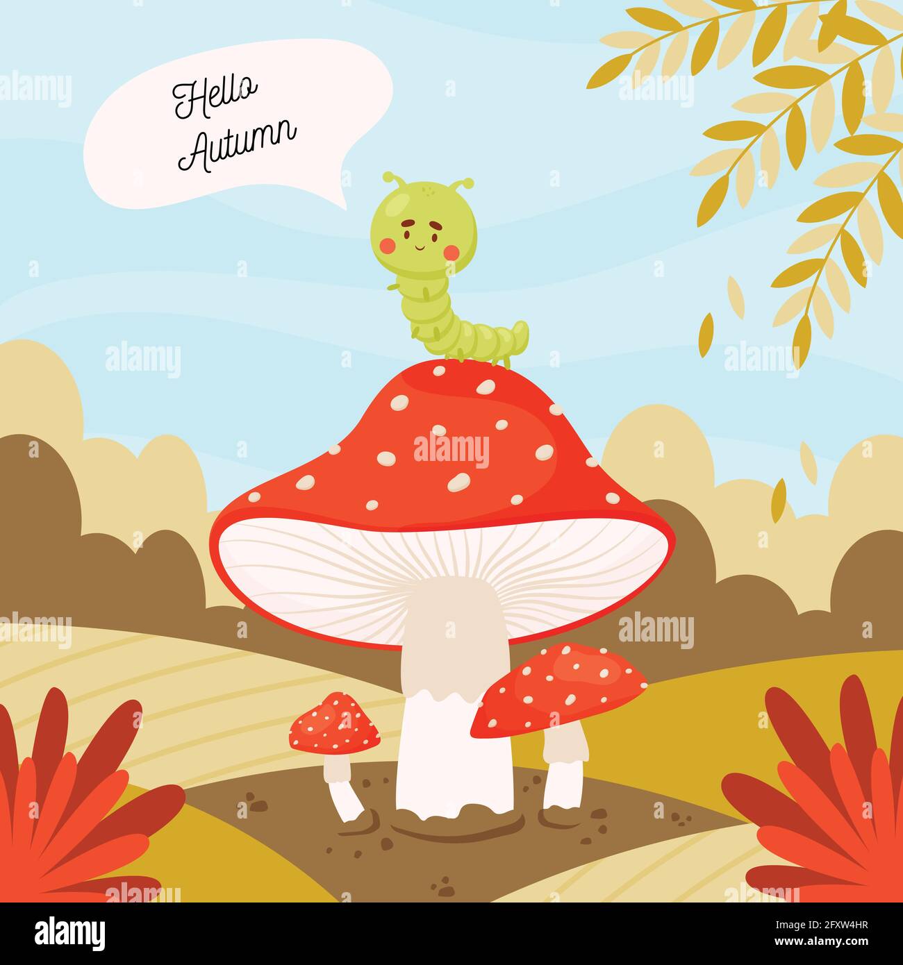 Hello Autumn poster , cute caterpillar cartoon character sitting on the ...