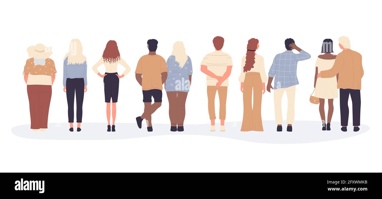 People group in casual clothes back view vector illustration set ...