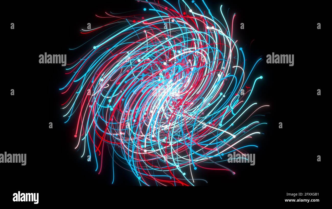 Chaotic spinning 3d render stripes in spatial spiral. Disordered ...