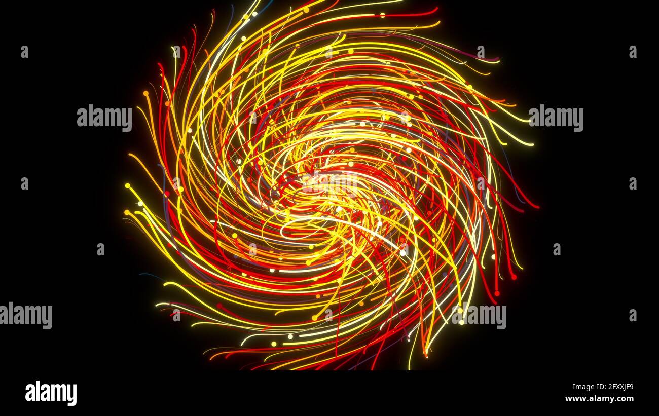 Chaotic spinning 3d render stripes in spatial spiral. Disordered ...